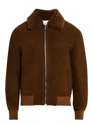 FRAME Suede Shearling Bomber Jacket - Dark Camel