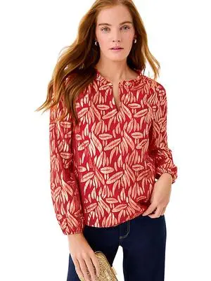 Lilly Pulitzer Giana Long Sleeve Silk Top - Cranberry Red Leafy Babe Metallic Silk Clip