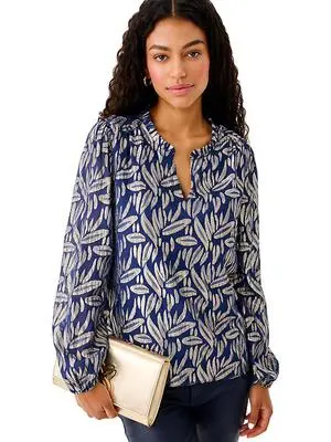 Lilly Pulitzer Giana Long Sleeve Silk Top - Low Tide Navy Leafy Babe Metallic Silk Clip