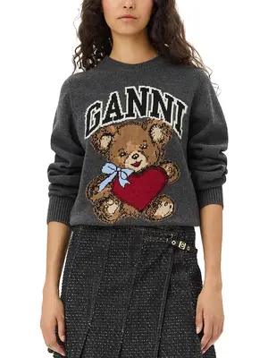 GANNI Graphic Bear Pullover Sweater - Gray Quill
