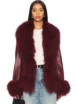 SUSANNA CHOW Dorothy Leather Coat With Fur Trim - Burgundy