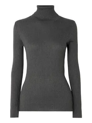 Brunello Cucinelli Ribbed Metallic Cashmere-blend Turtleneck Sweater - Dark Gray
