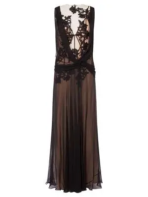 Alberta Ferretti Sleeveless Silk Gown With Lace Embroidery - Black