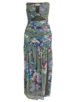 NICHOLAS Strapless Floral-print Stretch-tulle Midi Dress - Grey Green