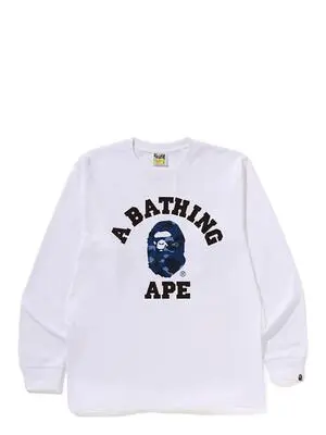 A BATHING APE Camo College Long Sleeve Tee Shirt - White/navy Blue