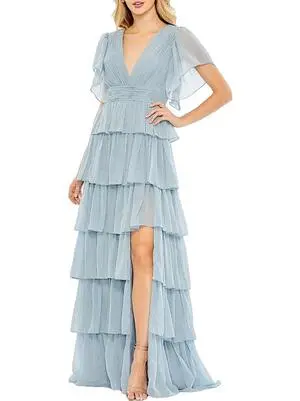 Mac Duggal Flutter Sleeve Ruffle Tiered Gown - Slate Blue