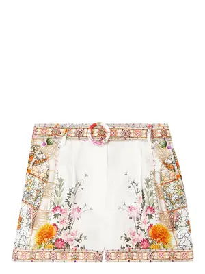Camilla Belted Crystal-embellished Floral-print Linen Shorts - Off-white