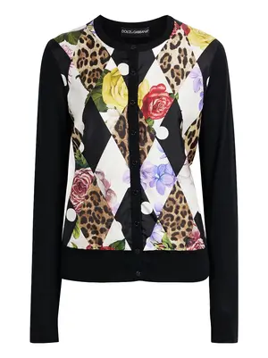 Dolce & Gabbana Printed Twill-paneled Cashmere-blend Cardigan - Black