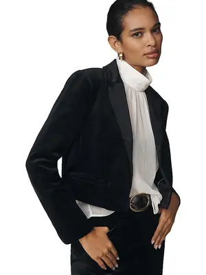 Maeve Velvet Cropped Tux Blazer Jacket Black