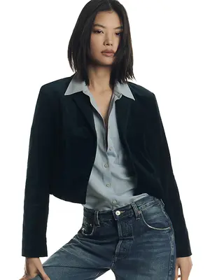 Maeve Velvet Cropped Tux Blazer Jacket Blue