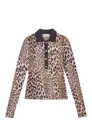 GANNI Leopard Print Long Sleeve Top - Brown