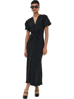 Victoria Beckham Gathered V-neck Midi Dress - Black