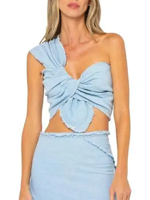 JBQ Sol Chambray Twist-front Crop Top - Sky