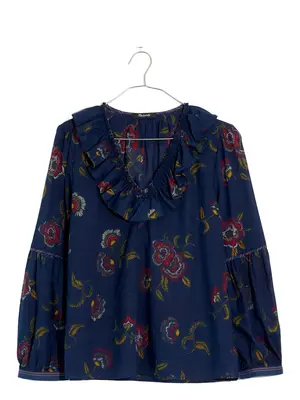 Madewell Floral Print Ruffle-collar Top - Line Floral Bengali Indigo