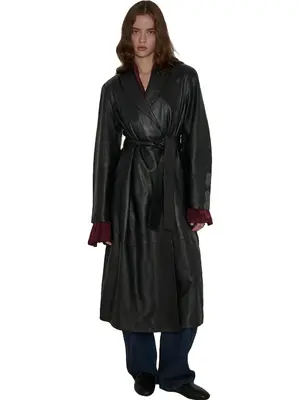 Veda Veda Frida Full Length Leather Wrap Coat Black