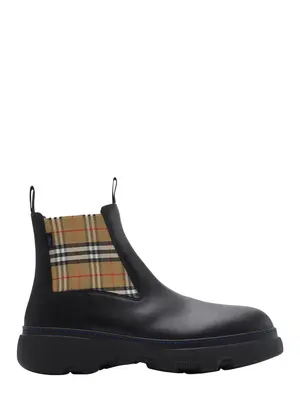 Burberry Check Pattern Leather Boots - Black