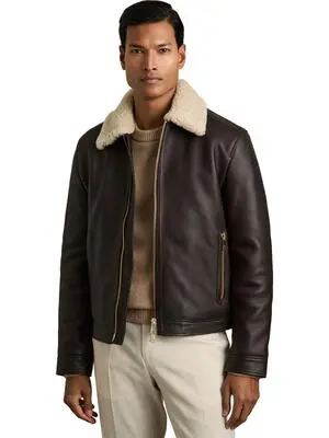 REISS Reiss Shetland Shearling-Collar Leather Jacket Dark Brown