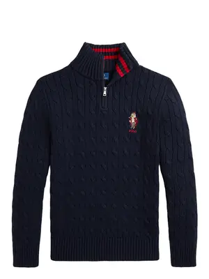 Ralph Lauren Polo Bear Cable-Knit Quarter-Zip Cotton Sweater Rl Navy/rl2000 Red