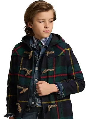 Ralph Lauren Plaid Wool Hooded Duffle Coat Blackwatch Red