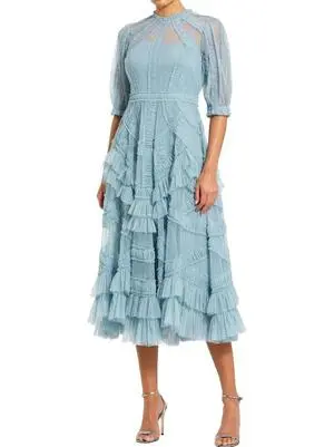 Mac Duggal High Neck Puff Sleeve Ruffle Tiered Dress - French Blue