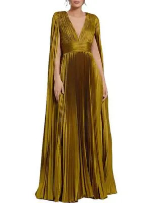 Mac Duggal Pleated Charmeuse V-neck Gown With Cape Sleeves - Chartreuse