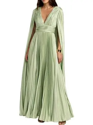 Mac Duggal Pleated Charmeuse V-neck Gown With Cape Sleeves - Sage