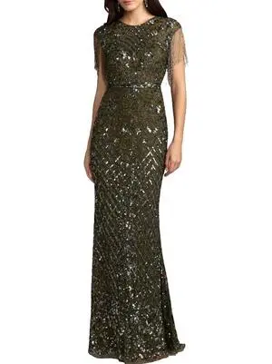 Mac Duggal High Neck Beaded Fringe Gown - Olive