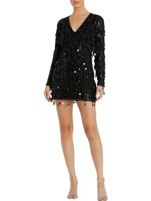 Mac Duggal Long Sleeve Beaded Fringe Plunge Neck Dress - Black