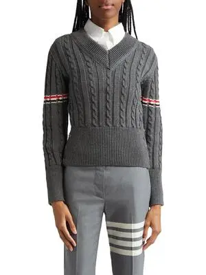 Thom Browne Cable Knit Virgin Wool V-neck Sweater - Medium Grey
