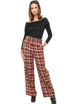 Unique Vintage Double Belt Woven Trousers - Burgundy Plaid