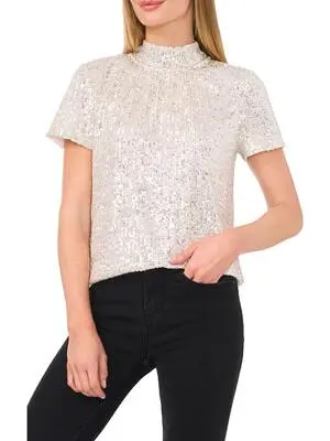CECE DUPRAZ Sequin Mock Neck Top - Champagne