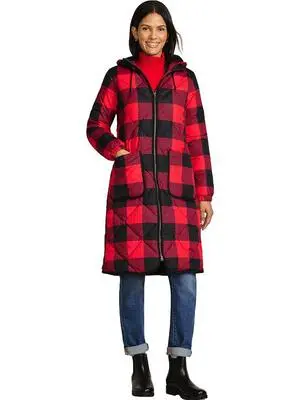LANDS' END Featherfree Insulated Diamond Quilted Maxi Coat - Compass Red Check