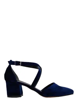 FOREVER & ALWAYS SHOES Dolly Low Block Heel Pumps Dark Blue Suede