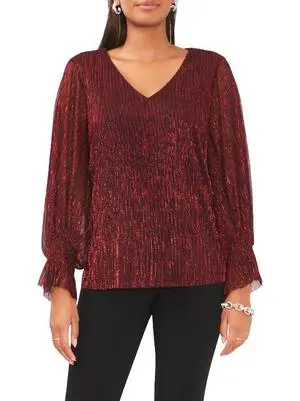 Vince Camuto Smocked Cuff Metallic Top - Red