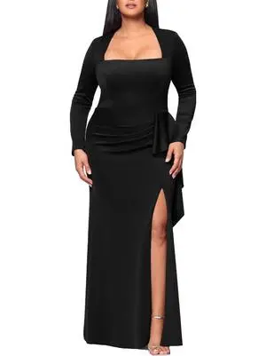 XSCAPE EVENINGS Side Ruffle Long Sleeve Scuba Knit Gown Black