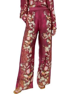 RAISHMA Floral Print Wide Leg Trousers - Burgundy
