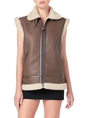 Endless Rose Faux Leather Vest With Faux Shearling Lining - Chocolate Brown