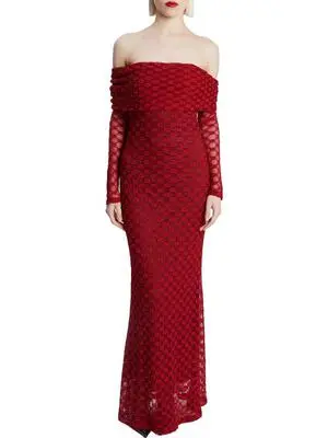 Bardot Adoni Off-the-shoulder Long Sleeve Dress - Deep Red