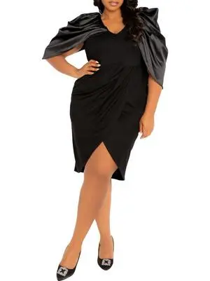 BUXOM COUTURE Satin Drape Sleeve Sheath Dress - Black