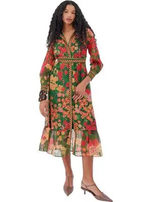 RAISHMA Floral Print Midi Dress - Olive