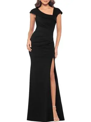 XSCAPE EVENINGS Asymmetric Neck Scuba Knit Trumpet Gown - Black