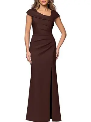 XSCAPE EVENINGS Asymmetric Neck Scuba Knit Trumpet Gown - Brown
