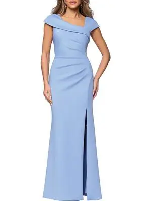 XSCAPE EVENINGS Asymmetric Neck Scuba Knit Trumpet Gown - Periwinkle