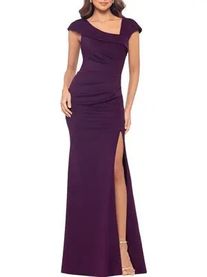 XSCAPE EVENINGS Asymmetric Neck Scuba Knit Trumpet Gown - Plum