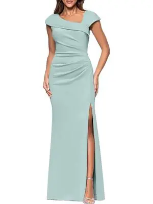 XSCAPE EVENINGS Asymmetric Neck Scuba Knit Trumpet Gown - Sage