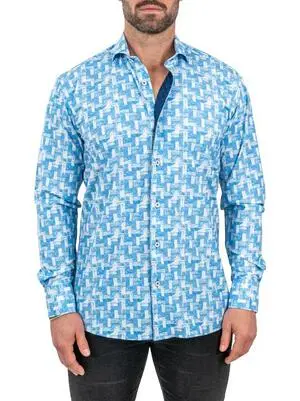MACEOO Einstein Wood Waves Print Stretch Button-up Shirt Blue