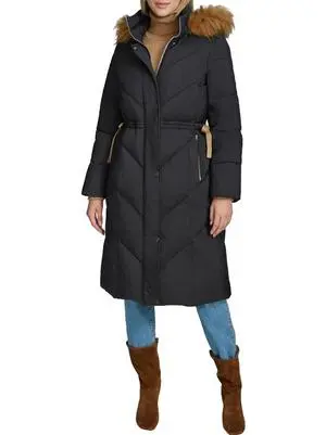 Andrew Marc Lennox Hooded Puffer Coat With Faux Fur Trim - Black
