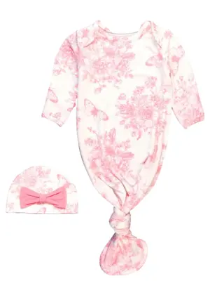 RUFFLEBUTTS Knotted Gown & Hat Set - White/pink