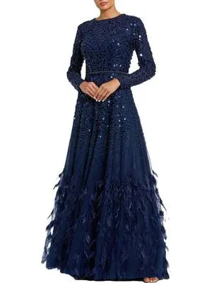 Mac Duggal Disc Embellished Sequin Gown With Feathers Midnight