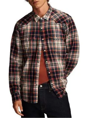Lucky Brand Indigo Plaid Flannel Snap-up Western Shirt - Indigo Red Plaid